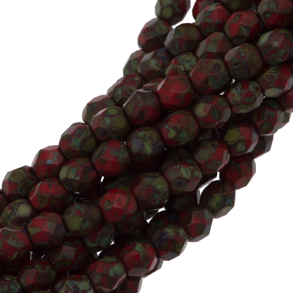 100 Czech Fire Polished 4mm Round Bead Opaque Red Picasso 93200T | Aura ...
