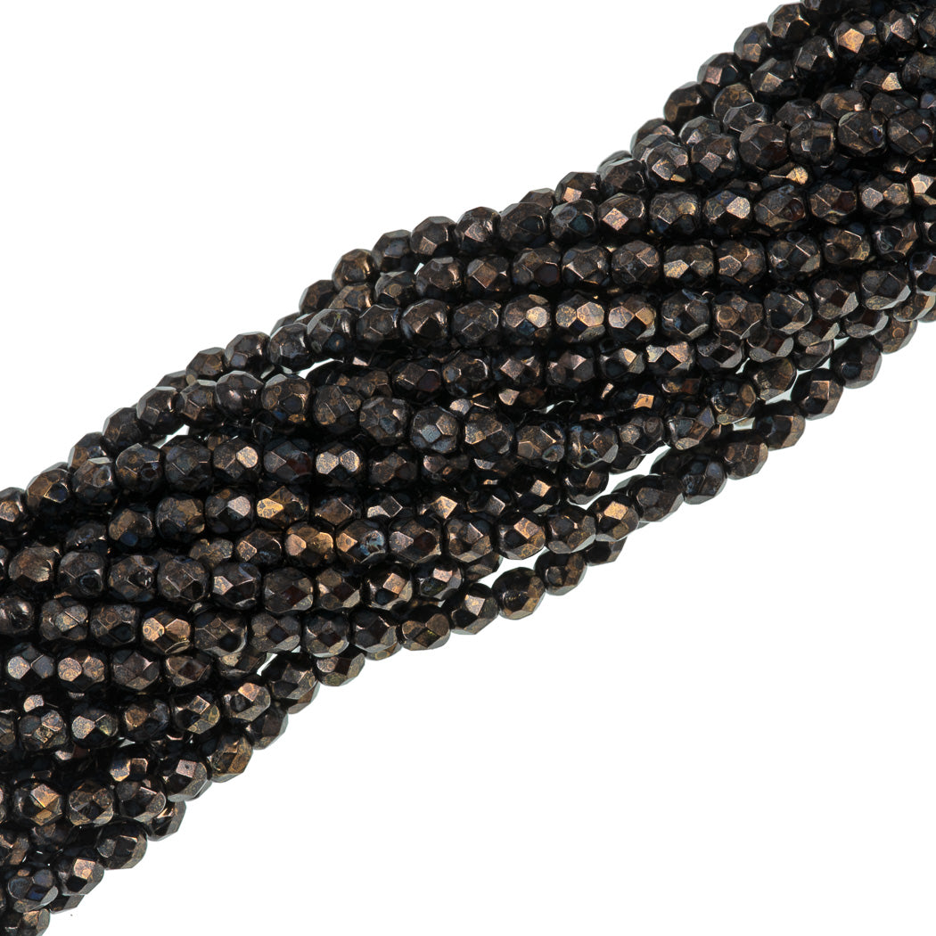 100 Czech Fire Polished 4mm Round Bead Jet Bronze Picasso 23980BT | Aura Crystals, LLC